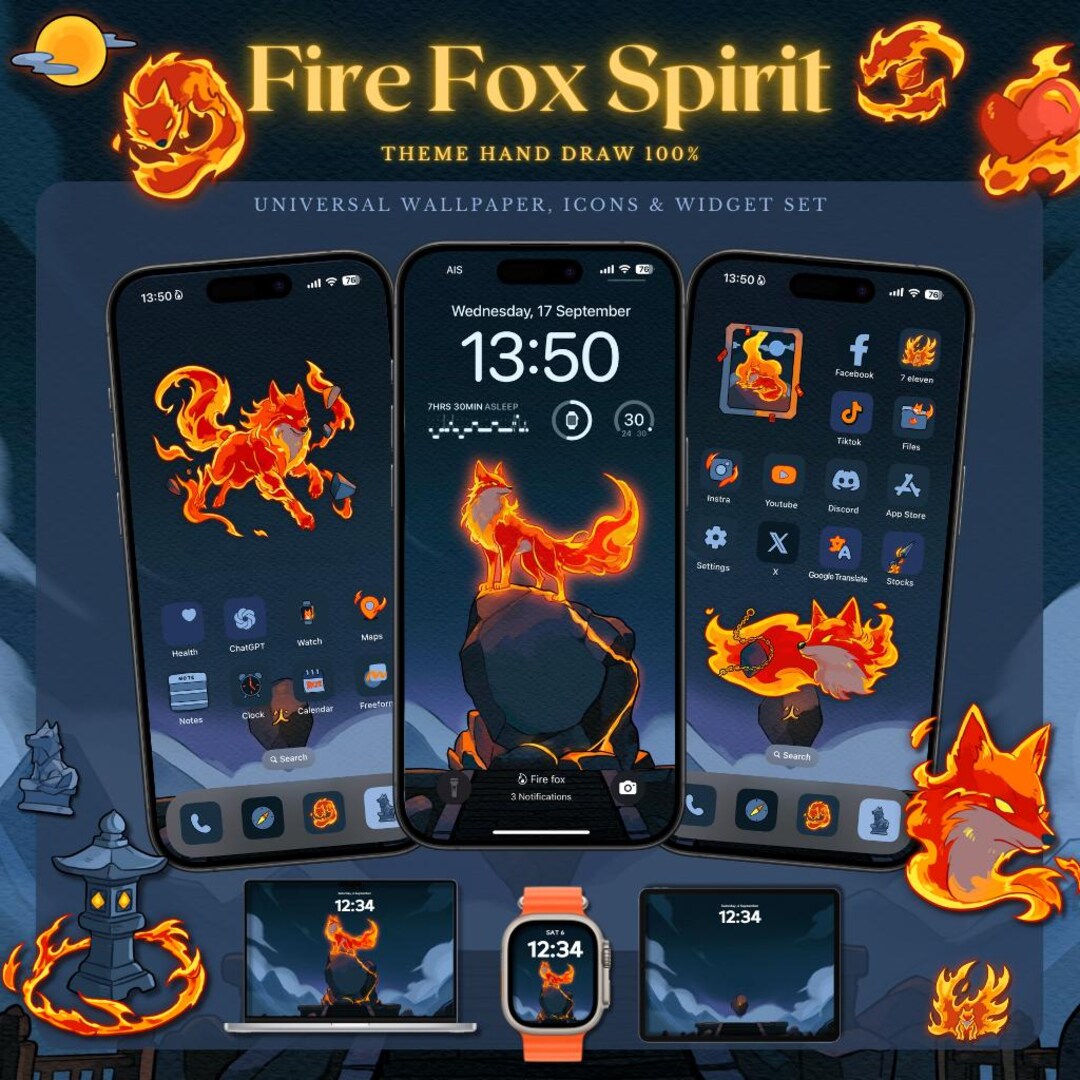 Fire Fox Spirit Icon Set: Mythical Flame Theme Wallpapers & Widgets ...