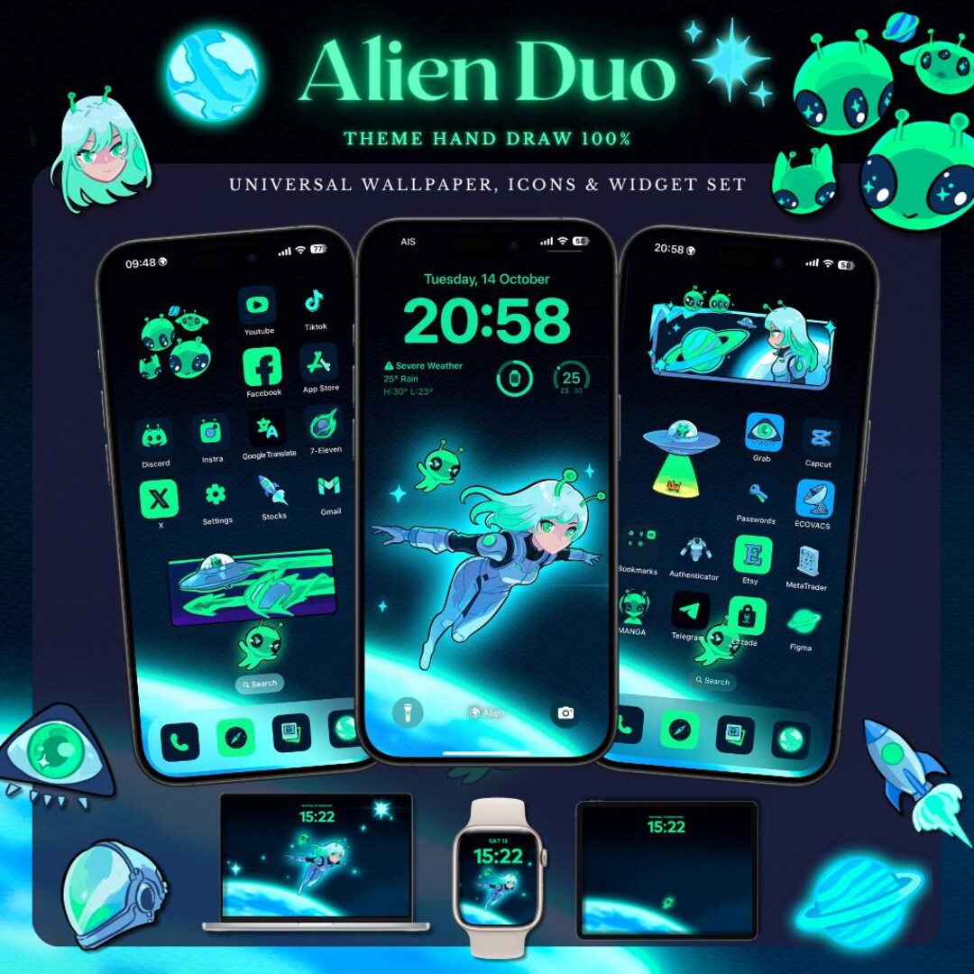 Alien Duo Icon Set: Space Girl & Green Alien Theme (ios/android) - Etsy