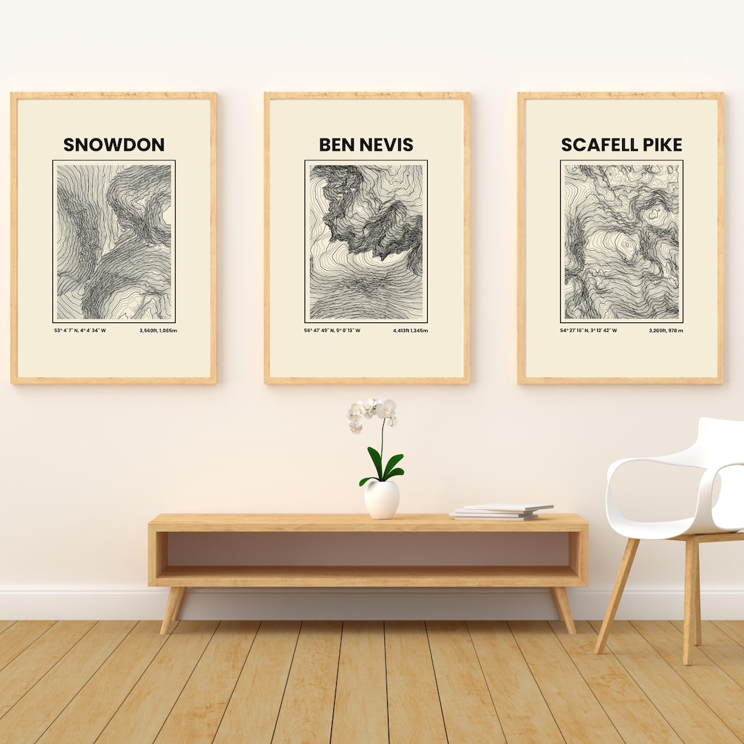 Three Peaks Challenge Contour Map Art A4 Print Set | Hiking Gift - Etsy UK