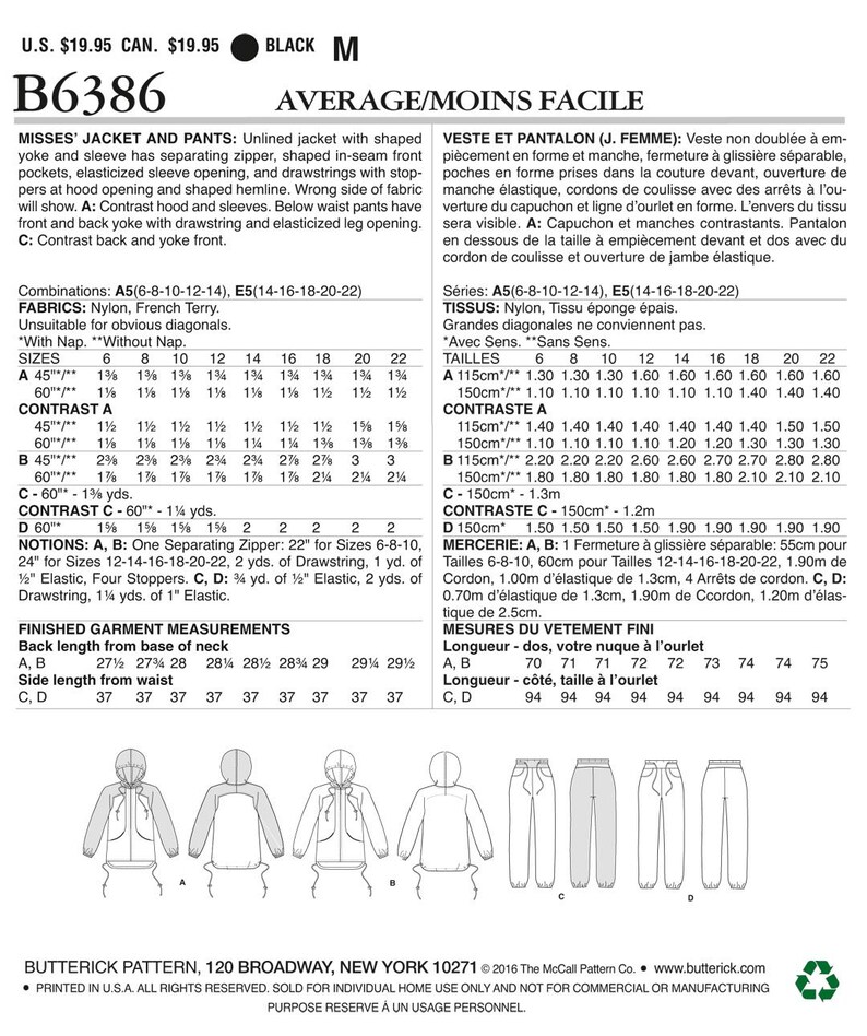 B6386 Butterick 6386 SEWING PATTERN Misses' Sportswear Jacket & Jogger ...