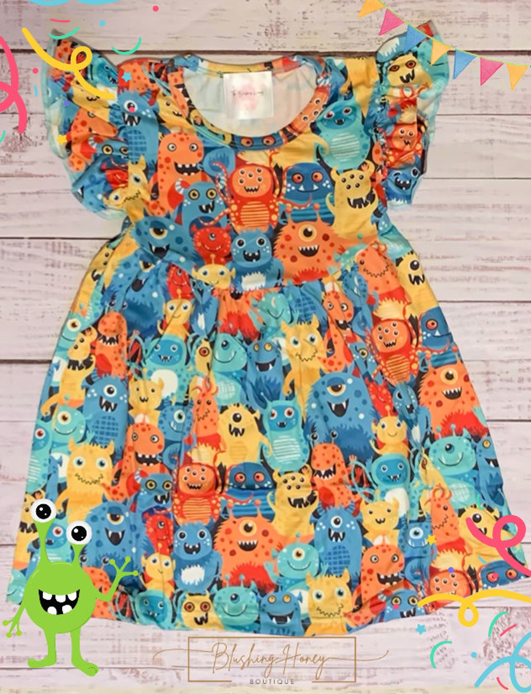 Milk Silk Silly Monsters Flutter Sleeve Dress, Girls Toddler Halloween ...