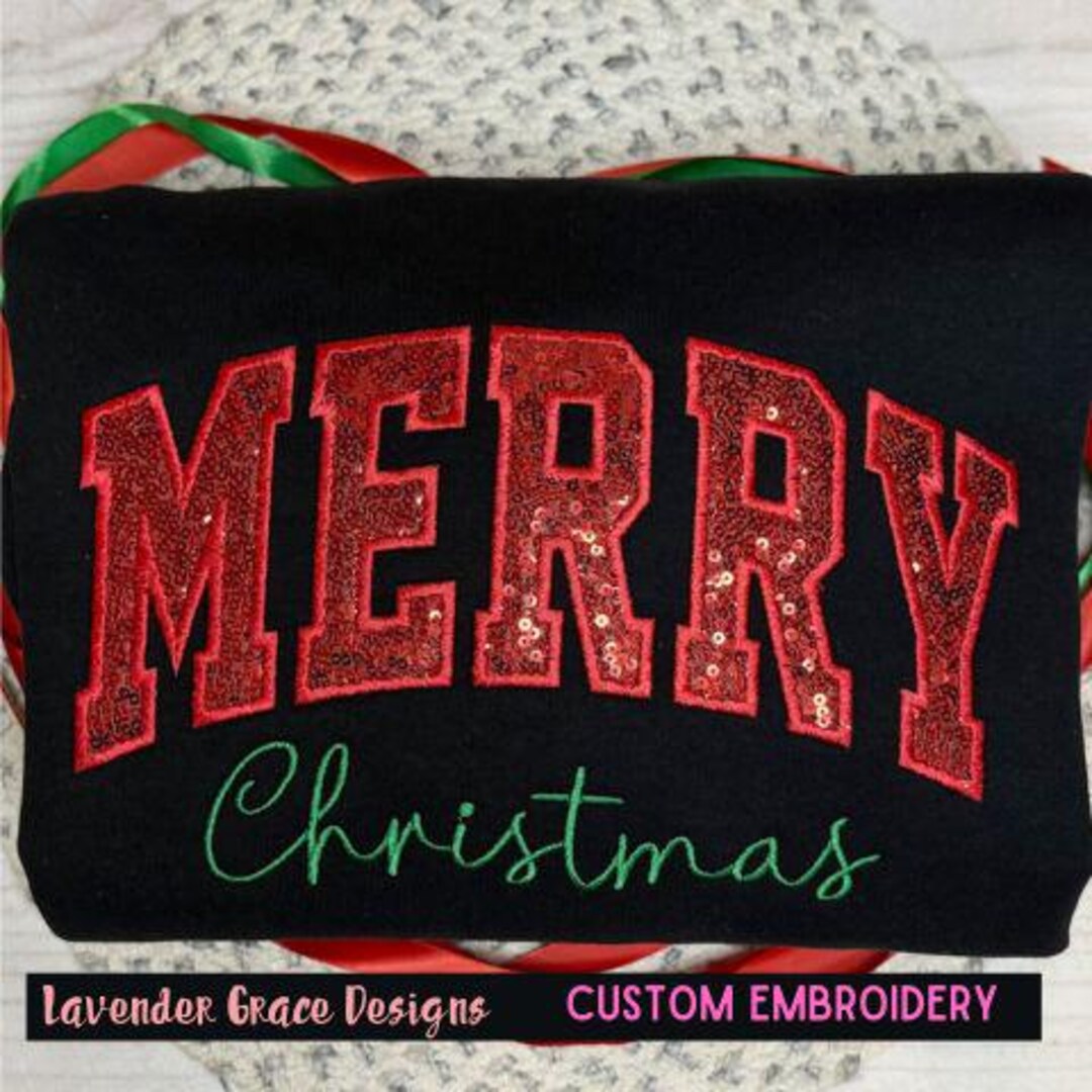 Embroidered Merry Christmas Large Applique Letters With Red Sequin ...