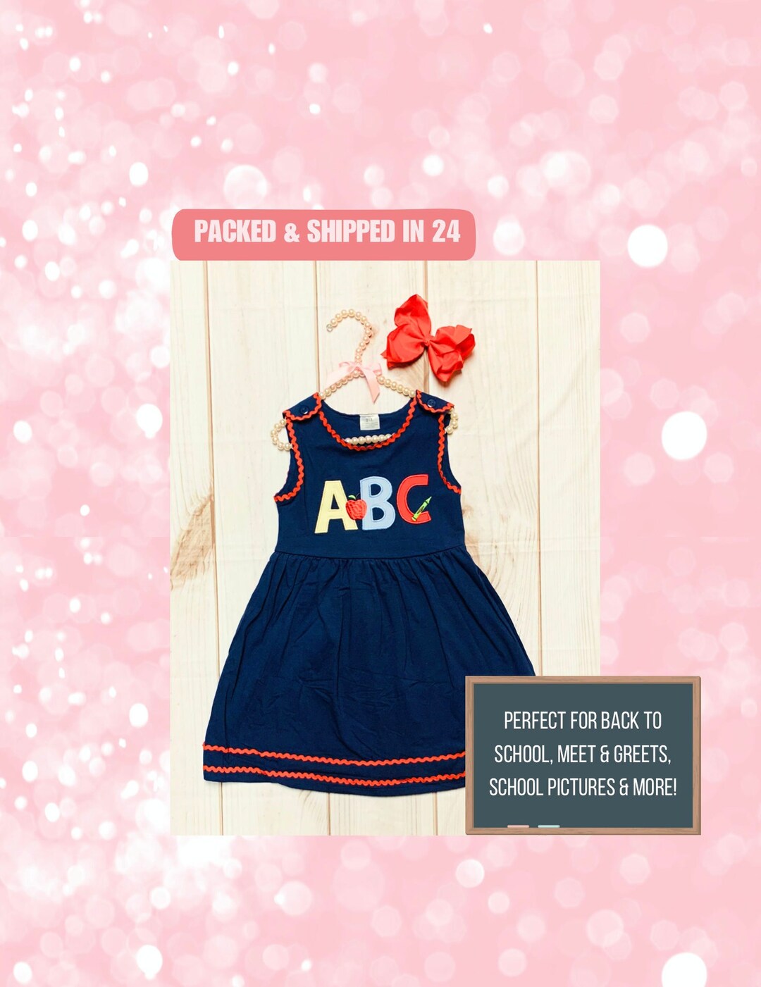 Navy Sleeveless Embroidered ABC Apple Dress, Girls Back to School ...