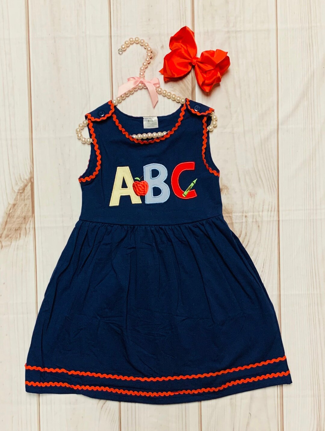 Navy Sleeveless Embroidered ABC Apple Dress, Girls Back to School ...
