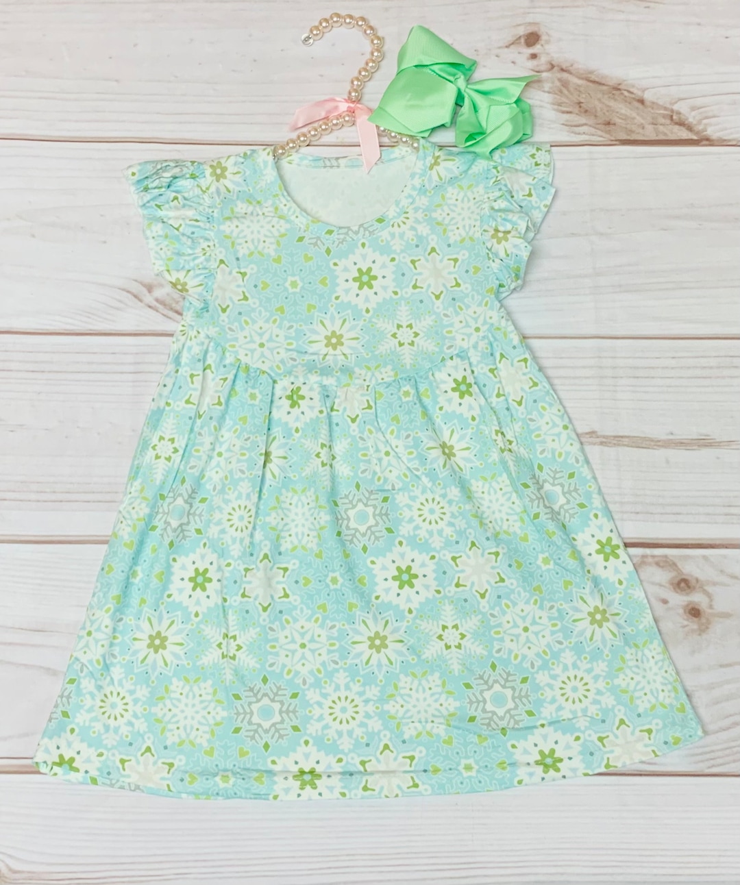 Milk Silk Sea Foam Green Snowflake Flutter Sleeve Dress, Girls Toddler ...