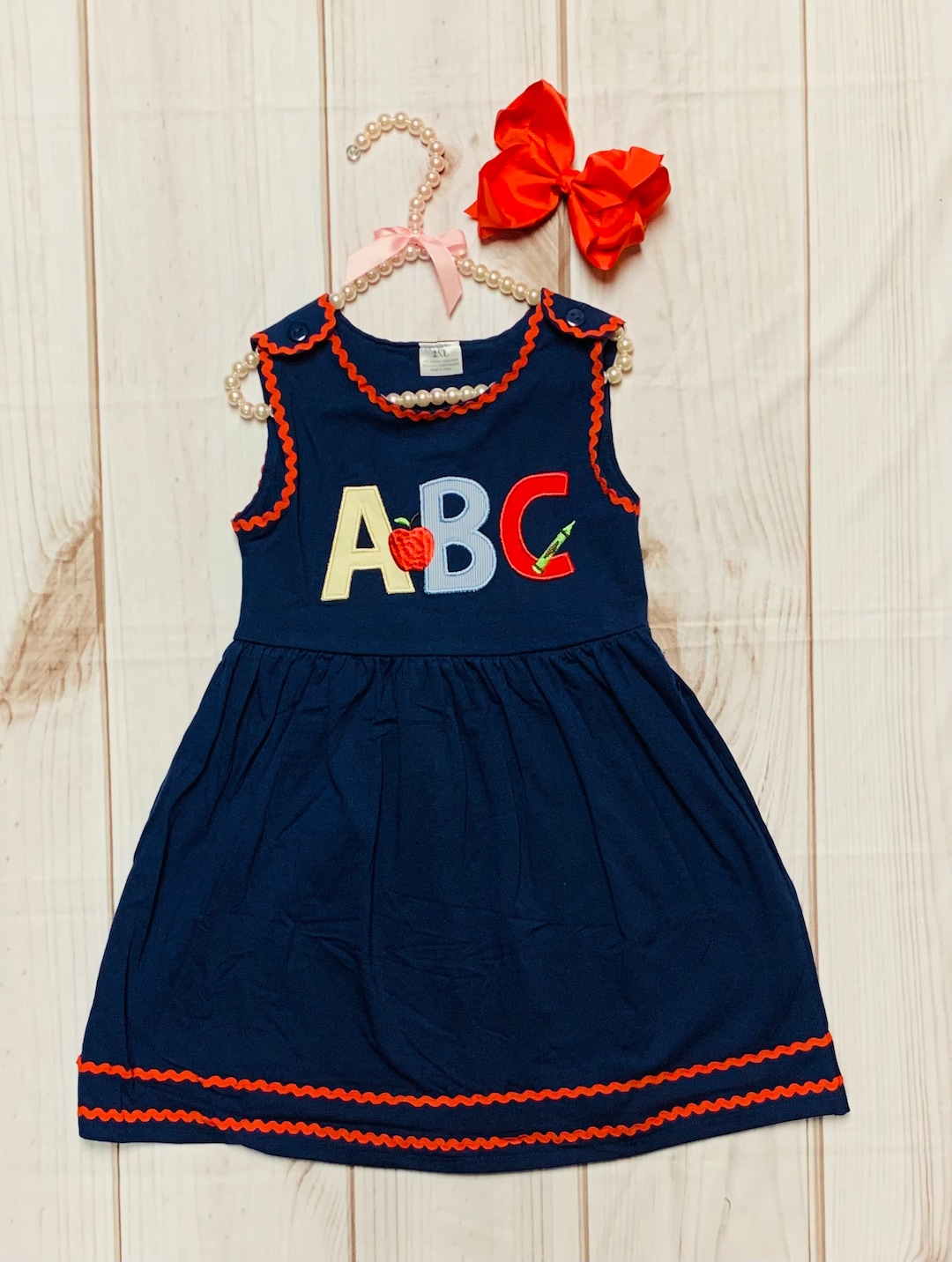 Navy Sleeveless Embroidered ABC Apple Dress Girls Back to - Etsy