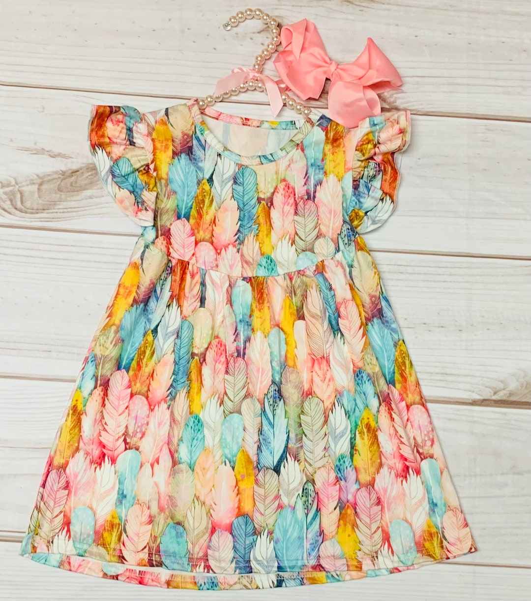 Milk Silk Boho Feathers Flutter Sleeve Dress, Girls Toddler Country ...