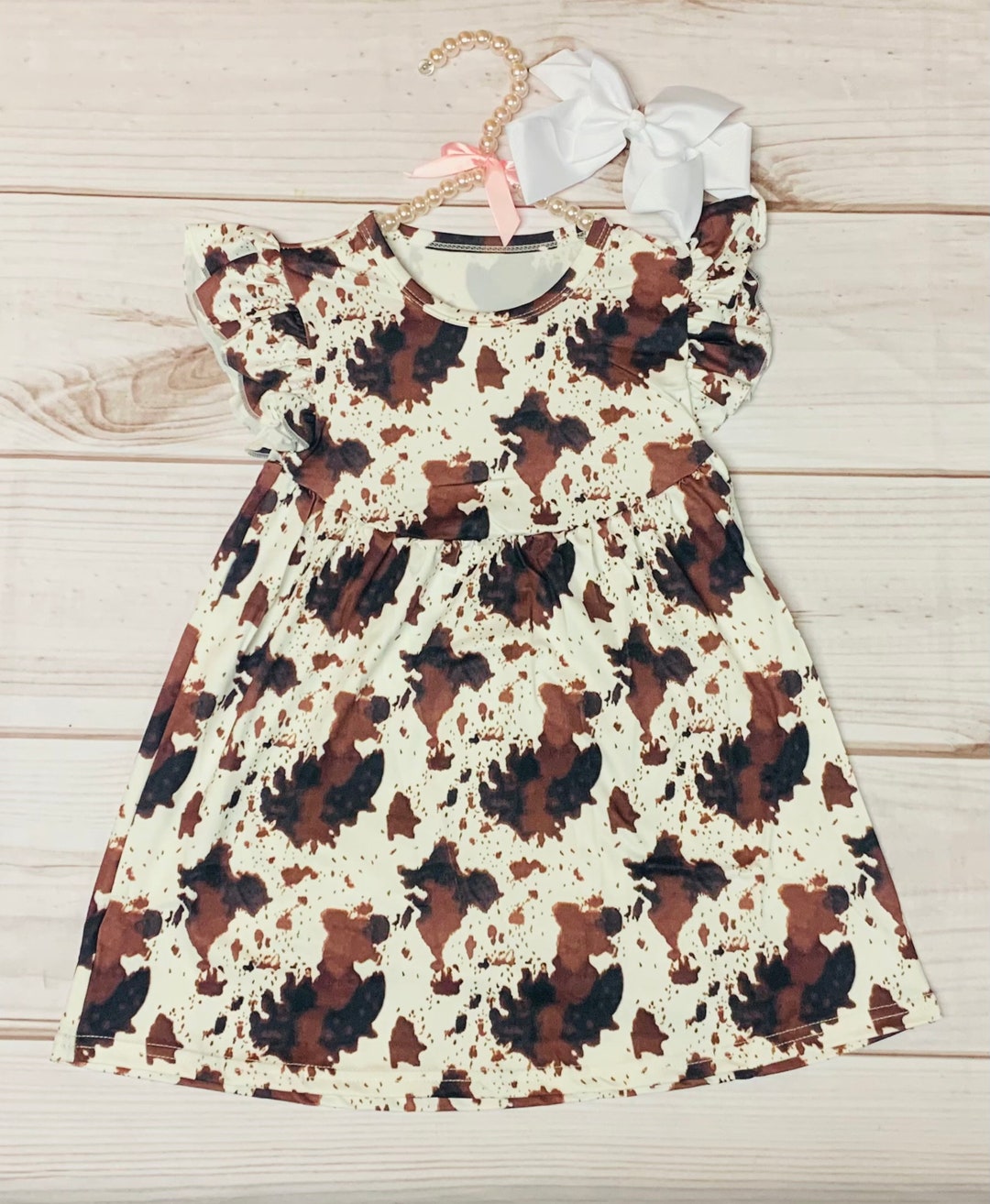 Milk Silk Cow Pattern Flutter Sleeve Dress, Girls Toddler Brown Cow ...