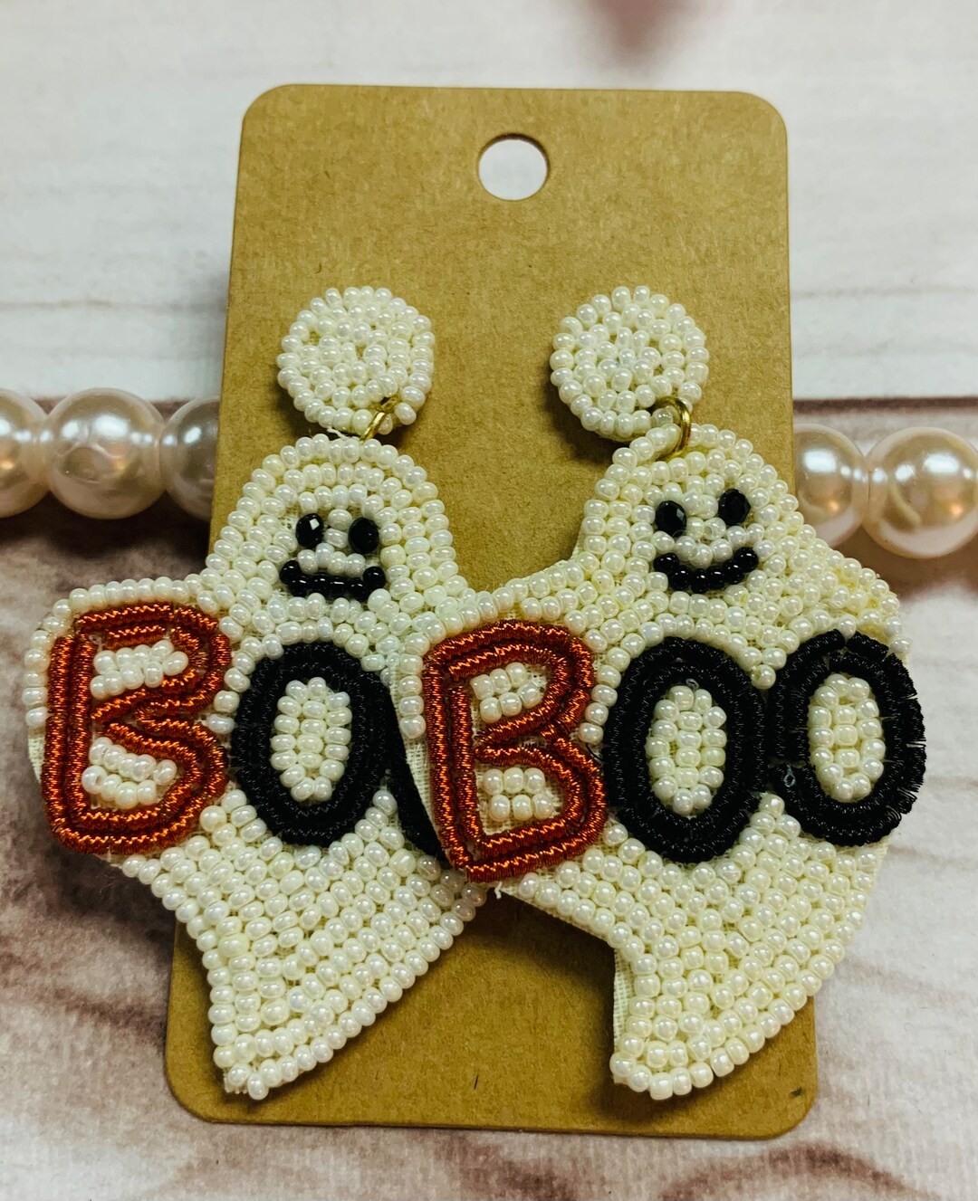 White Halloween Boo Ghost Pearl Beaded Earrings Adult Mama - Etsy