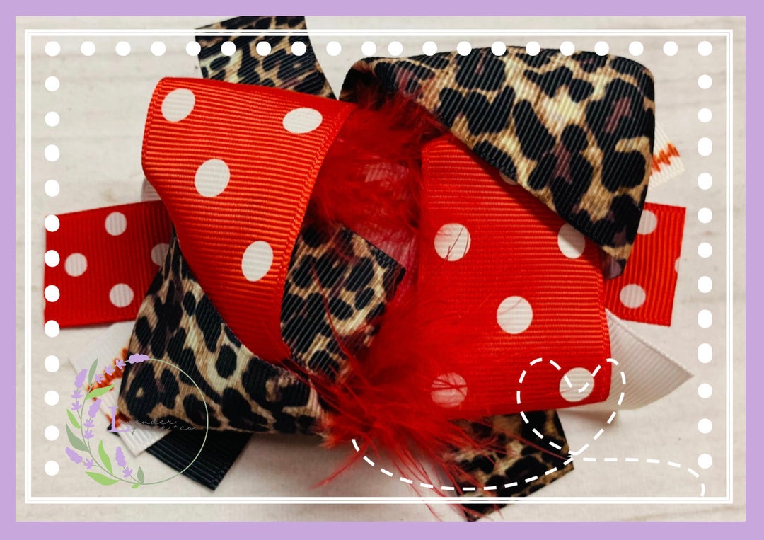 Leopard Red & White Polka Dot Baseball Hairbow W/ Feathers, Little ...