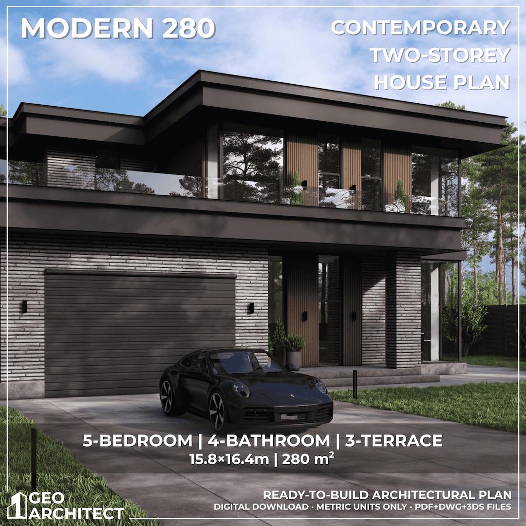 MODERN 280 Two-story House Plan – 5 Bedroom, Flat Roof (PDF+DWG+3DS ...