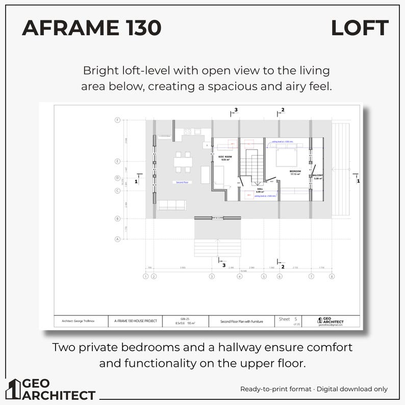 AFRAME 130 Loft Cabin – Modern 2 Bedroom House Plan | PDF + DWG + 3D ...