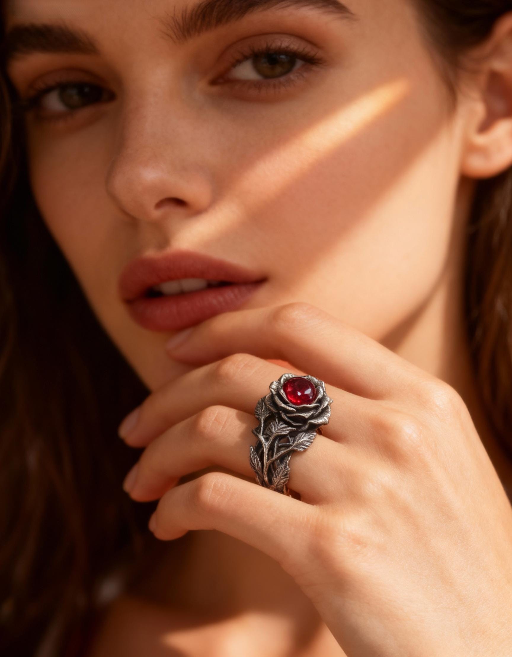 Crimson Bloom Sterling Silver Rose Ring With Faceted Gem - Etsy