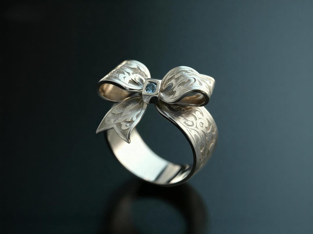Handcrafted Sterling Silver Bow Ring | Engraved Floral, Gem Accent - Etsy