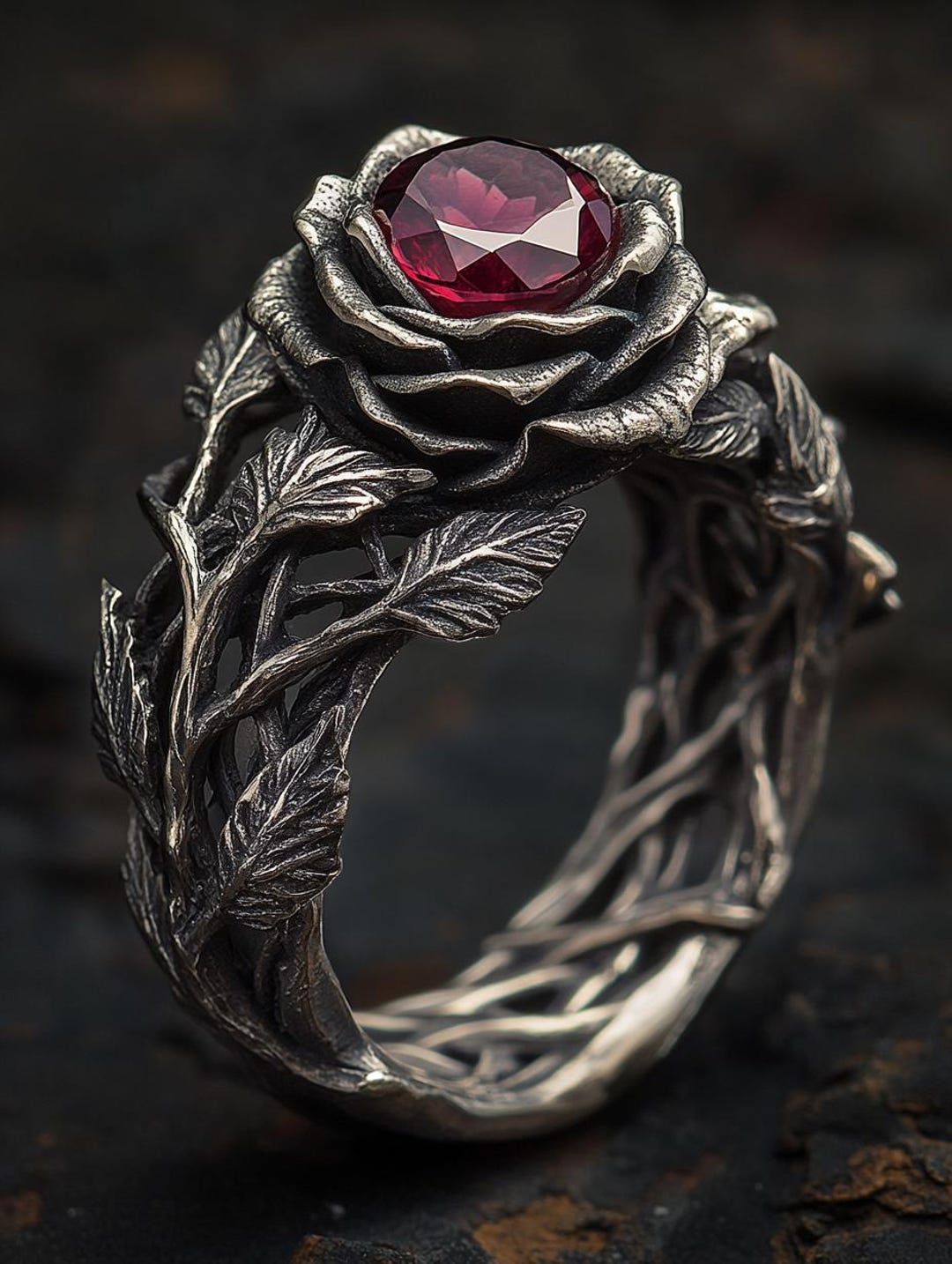 Crimson Bloom Sterling Silver Rose Ring With Faceted Gem - Etsy