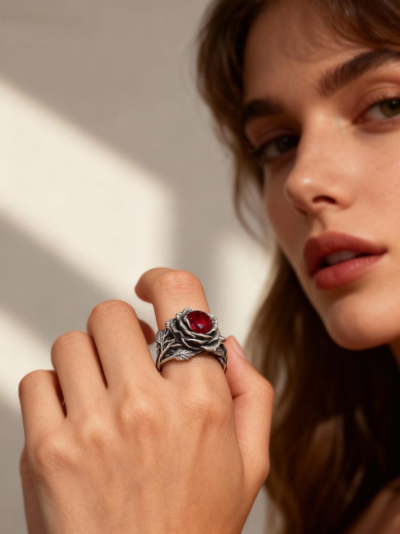 Crimson Bloom Sterling Silver Rose Ring With Faceted Gem - Etsy