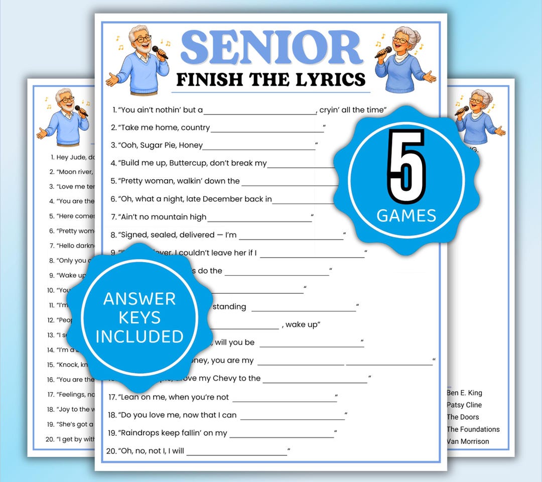 Printable Finish the Lyrics Games, Finish the Lyrics Senior Games, Song ...