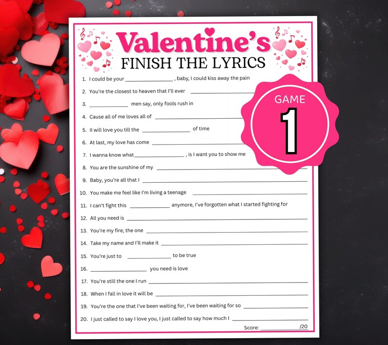Love Songs Finish the Lyrics Game, Printable Valentines Party Game ...