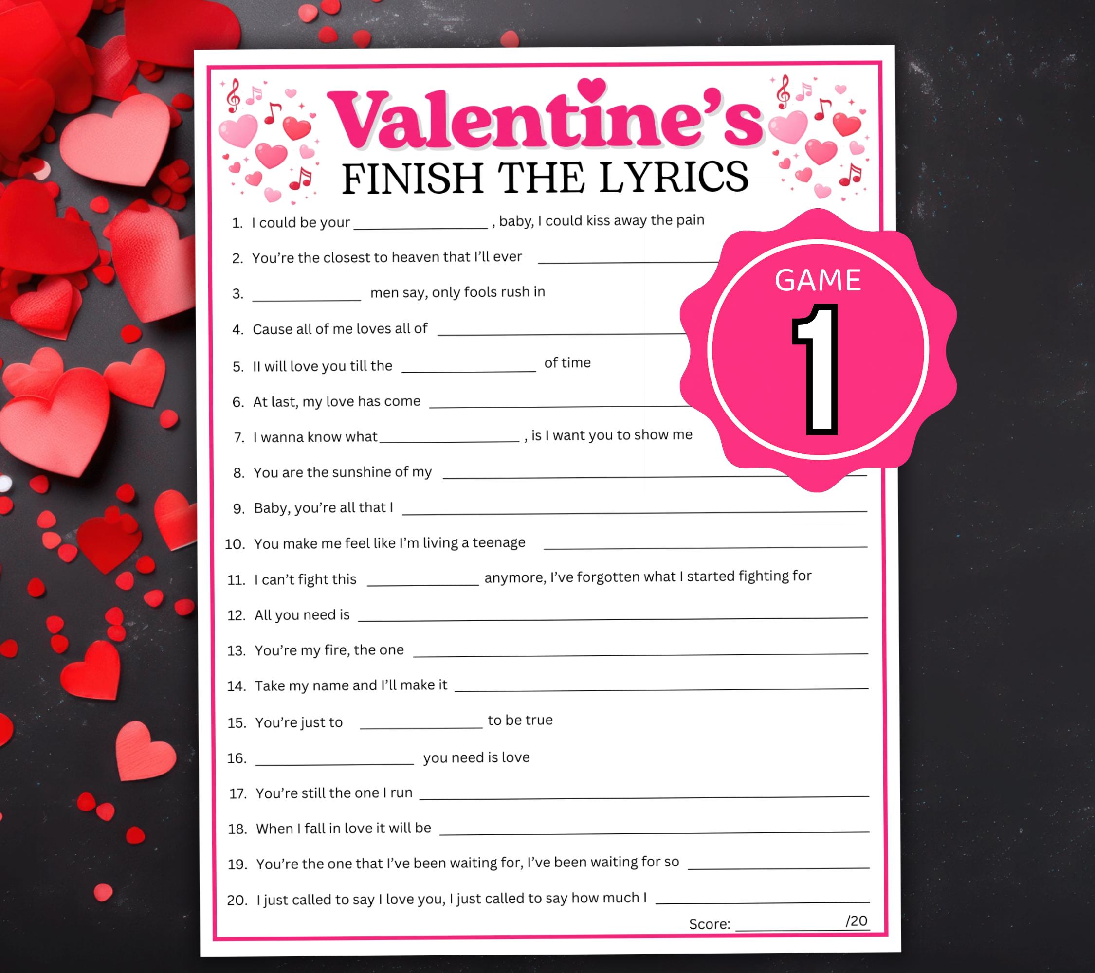 Love Songs Finish the Lyrics Game, Printable Valentines Party Game ...