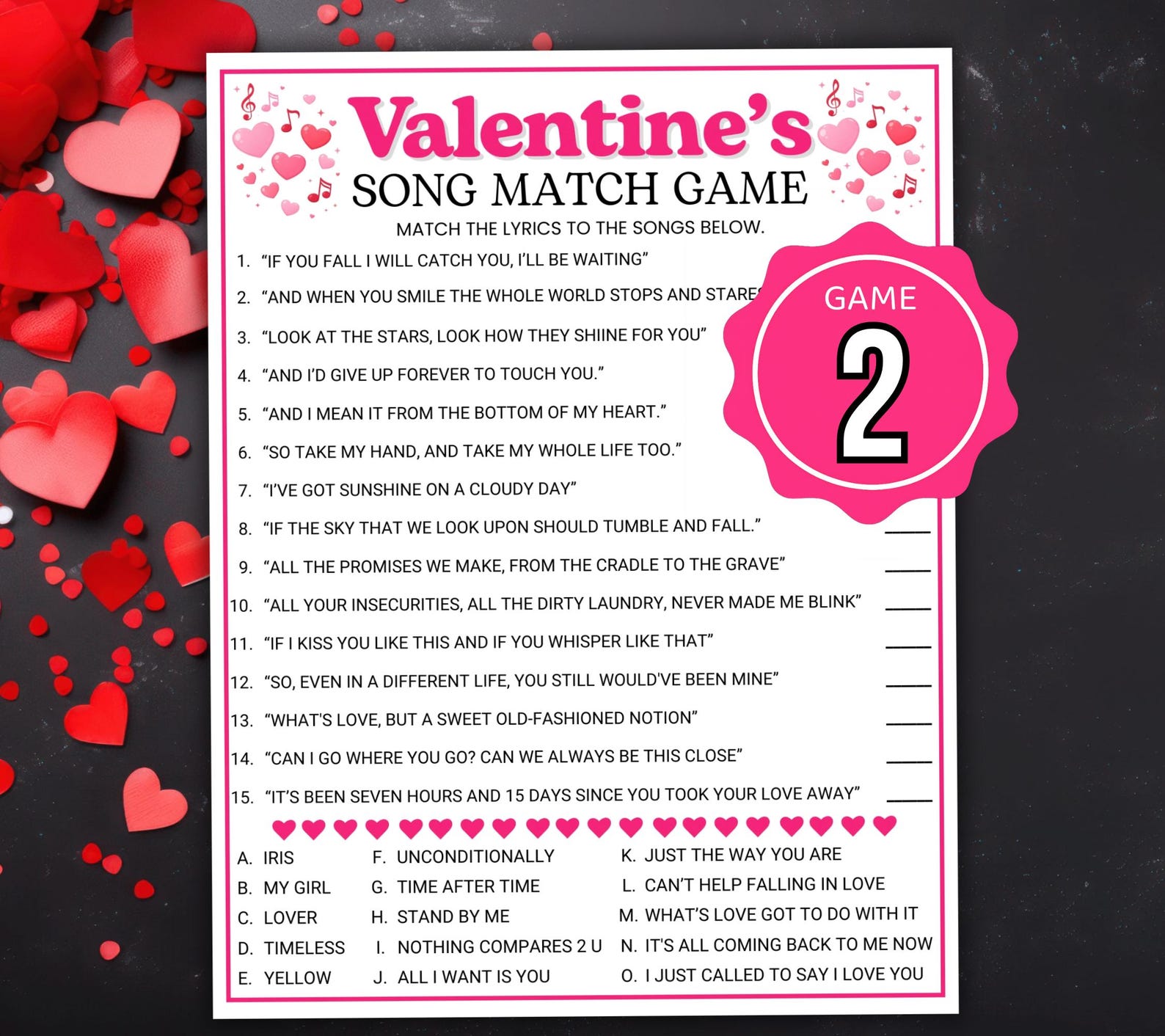 Love Songs Finish the Lyrics Game, Printable Valentines Party Game ...
