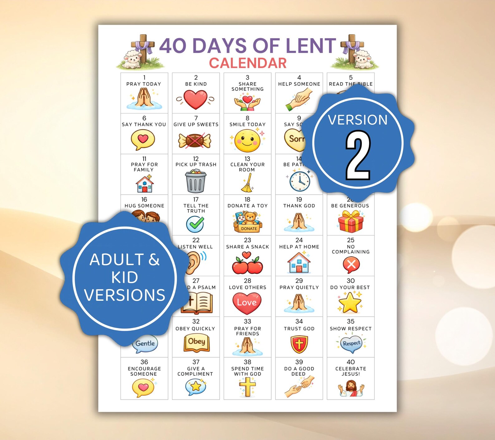 40 Days of Lent Countdown Calendar, Kids Lent Activity, Lenten Activity ...