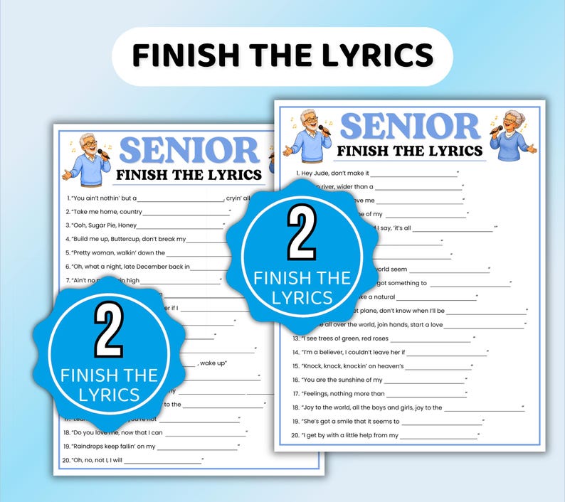 Printable Finish the Lyrics Games, Finish the Lyrics Senior Games, Song ...