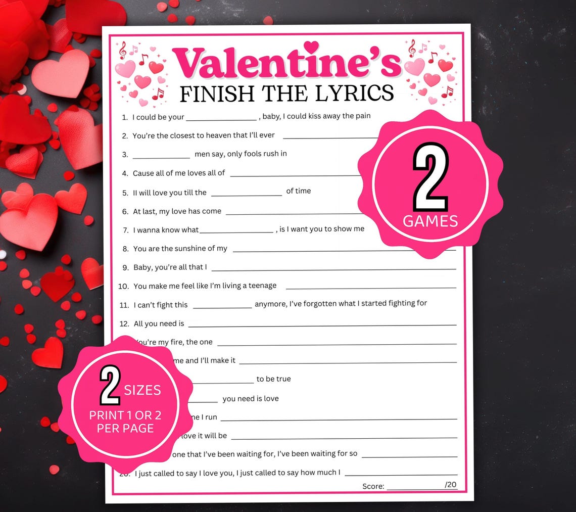 Love Songs Finish the Lyrics Game, Printable Valentines Party Game ...