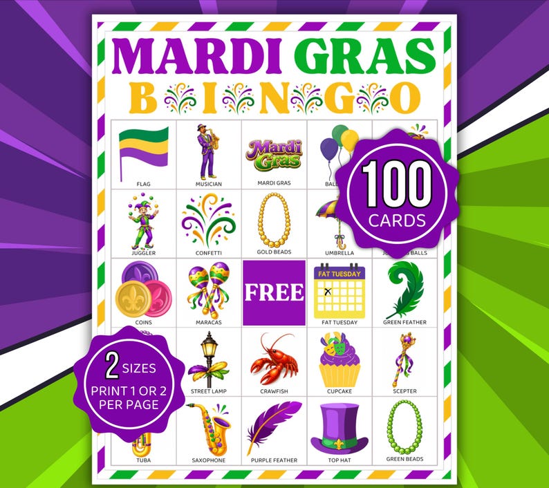 Mardi Gras Bingo, 100 Mardi Gras Bingo Cards, Mardi Gras Games, Mardi ...