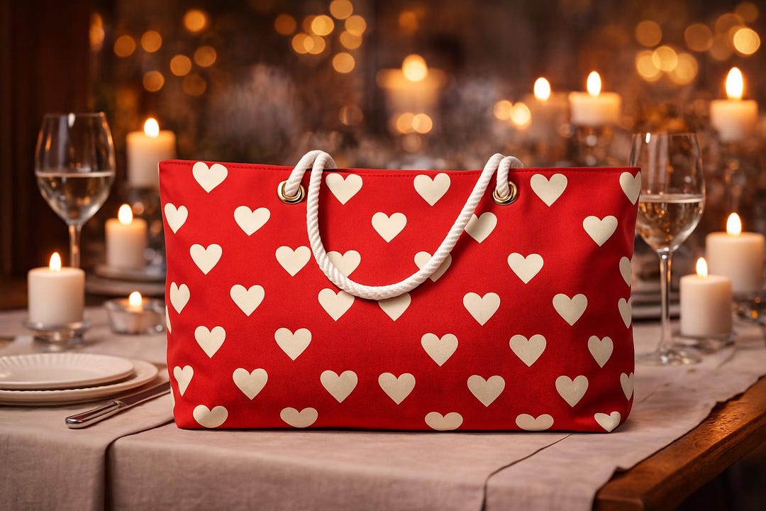 Cream Heart Pattern Weekender Bag | Red Heart Travel Tote - Etsy