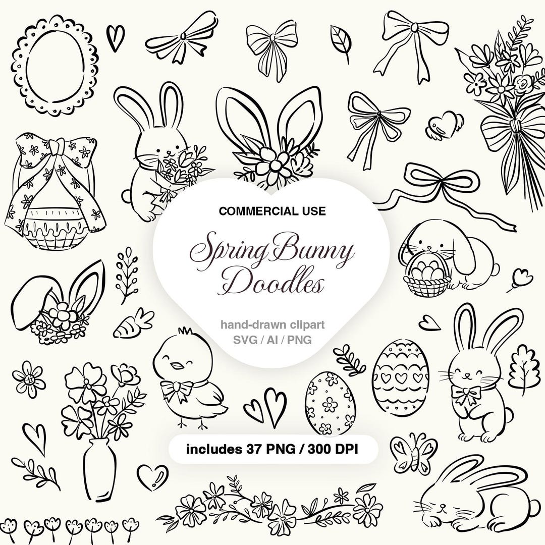 Bunny Doodle Clipart Bundle for Kids : Hand-drawn Spring Easter Designs ...