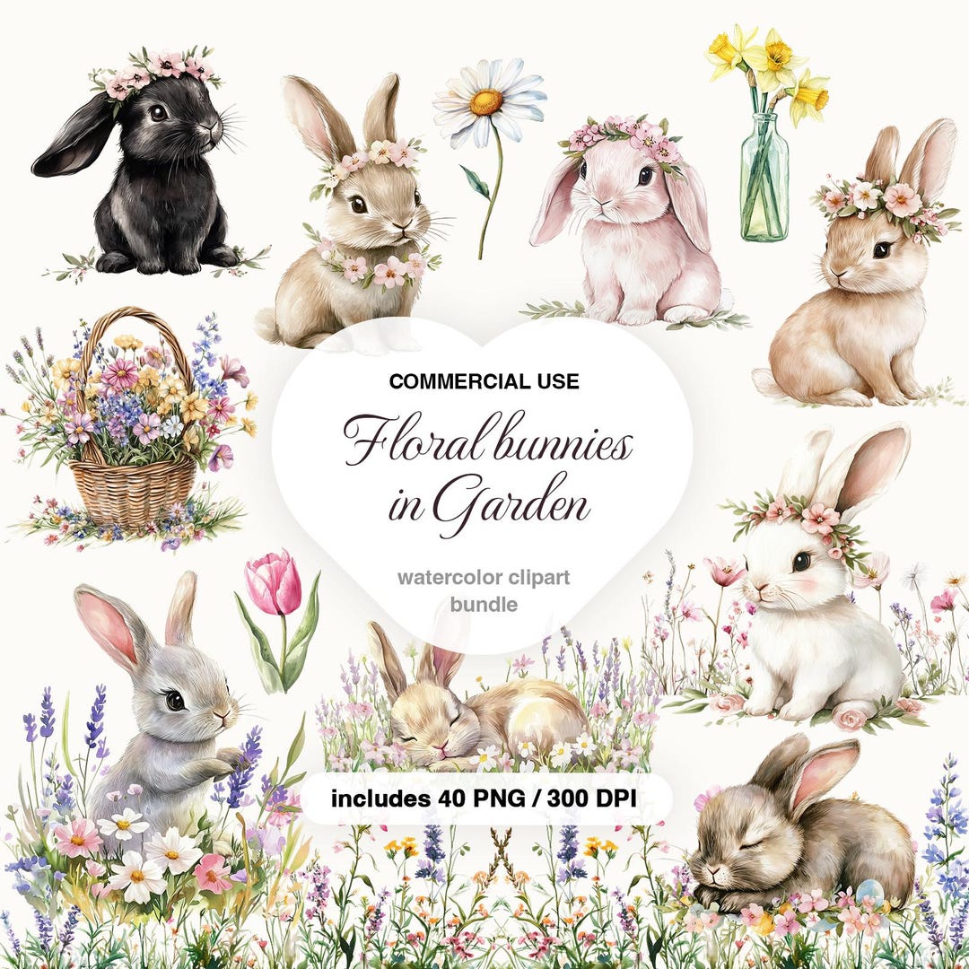 Spring Bunny Watercolor Clipart for Nursery Decor Floral Baby Bunnies ...