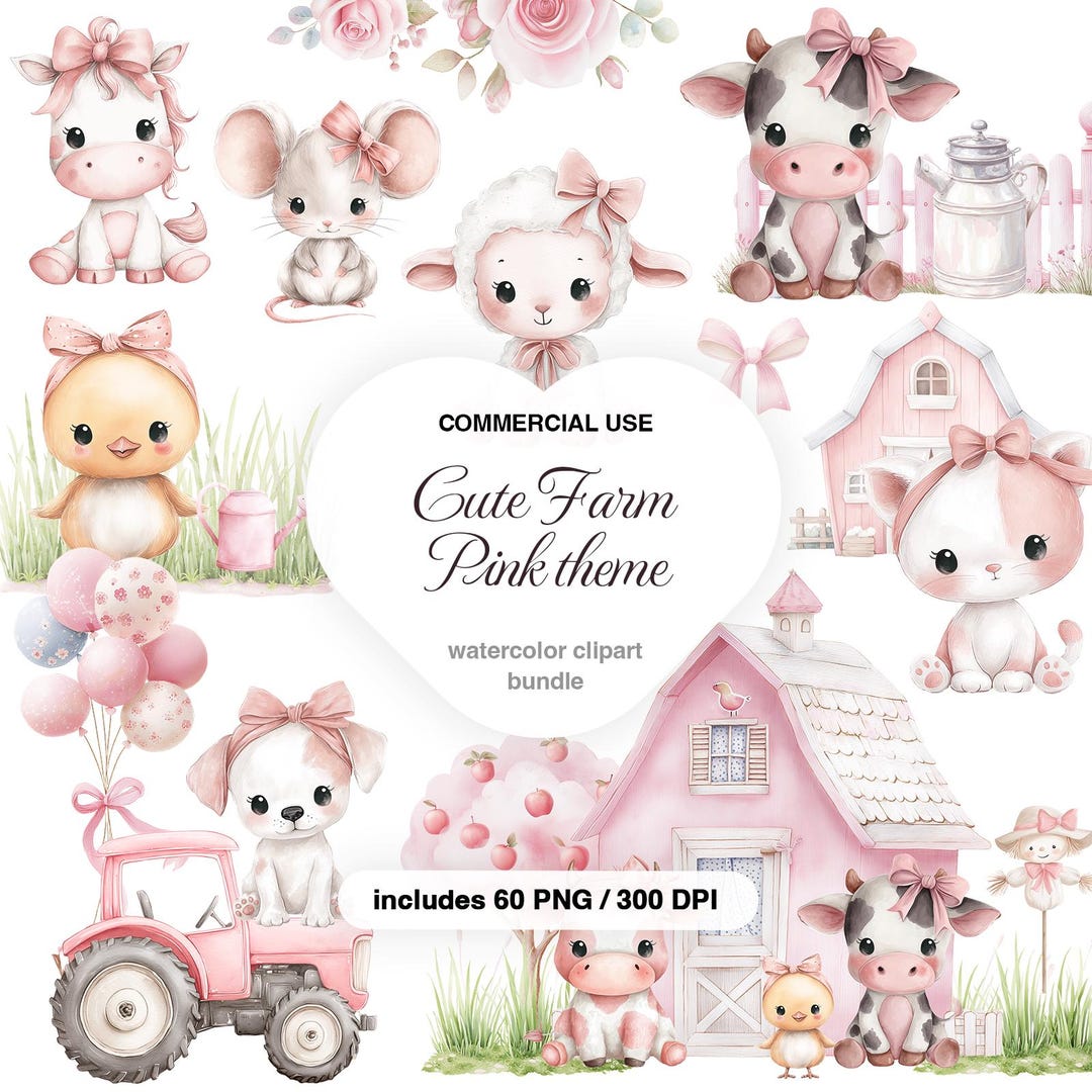 Pink Farm Animal Clipart: Watercolor Nursery Art, Seamless Patterns ...