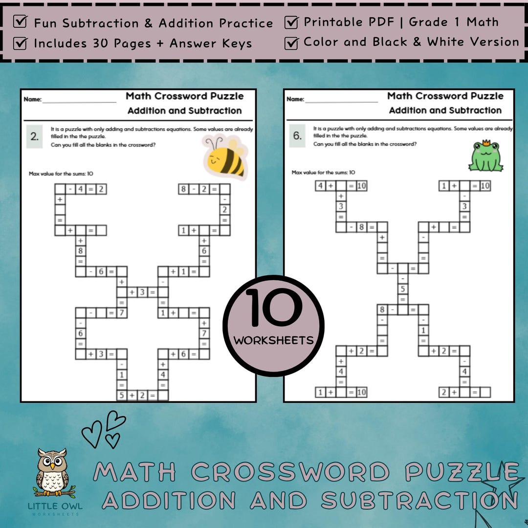 Math Crossword Puzzle: Grade 1 Addition & Subtraction (printable PDF ...
