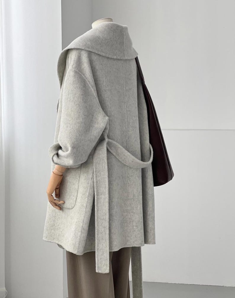 100% Wool Mid-length Gray Belted Coat for Women | Large Lapel Wool Coat ...