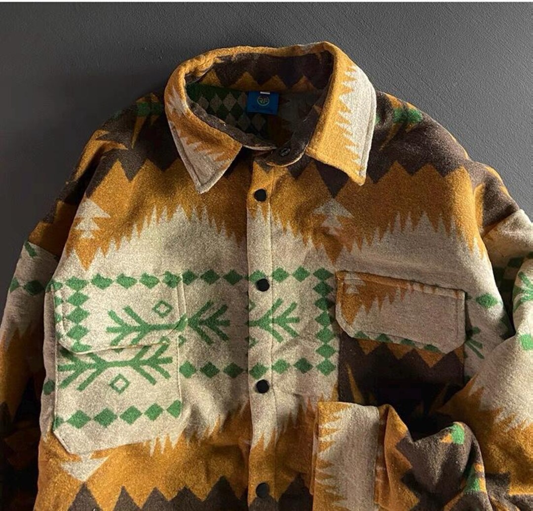 Vintage Boho Southwestern Jacket, Textured Wool Blend Shirt Jacket ...