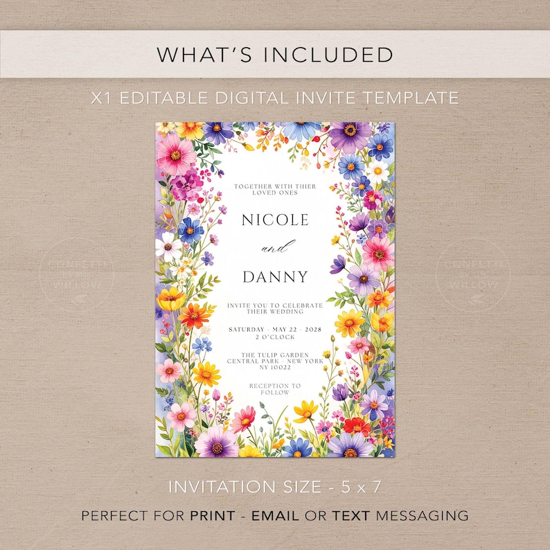 Printable Wildflower Wedding Invitation Template - Editable Design ...