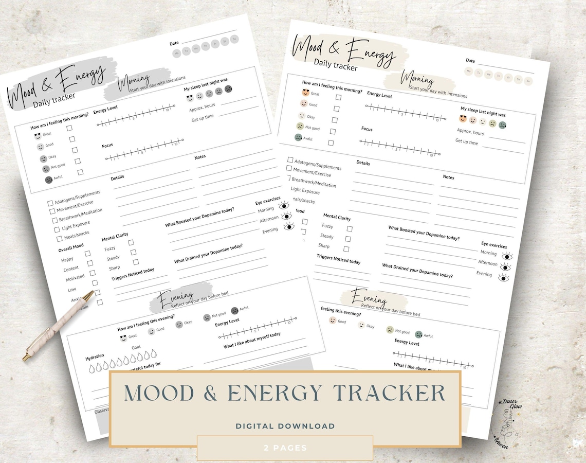 Daily Mood & Energy Tracker Printable – Gentle Self Care Journal Page ...