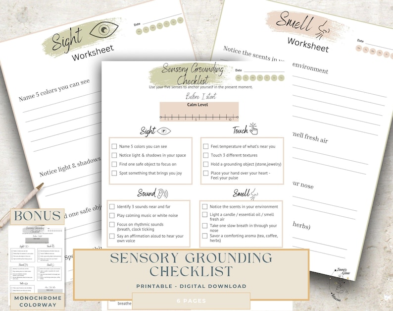 Sensory Grounding Checklist, 5 Senses Worksheets, Anxiety Relief ...
