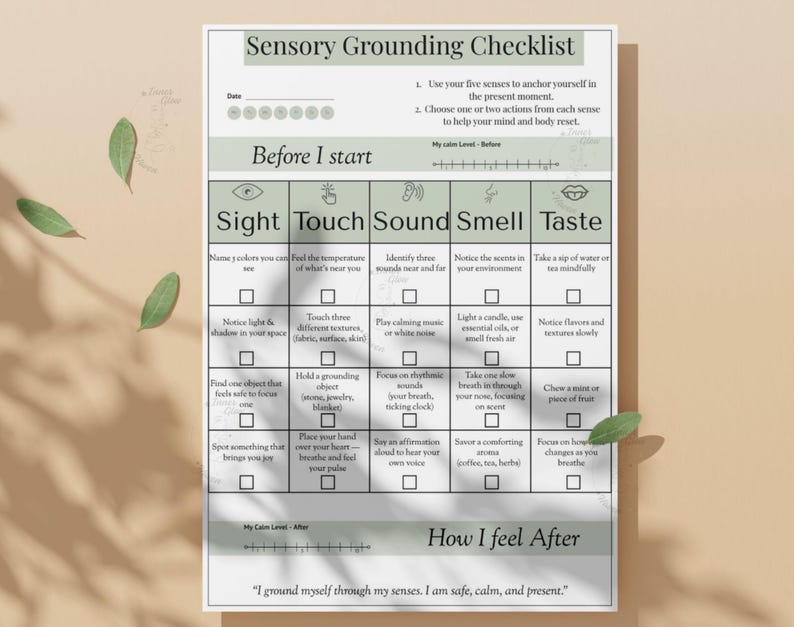 Sensory Grounding Checklist, Mindfulness Worksheet, 5 Senses Activity ...