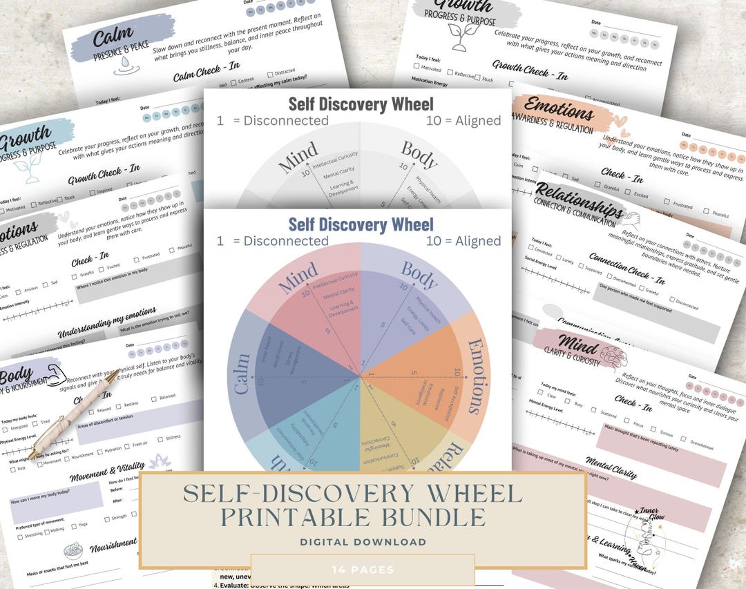 Self Discovery Wheel Printable Bundle, Mindfulness Worksheets Set ...