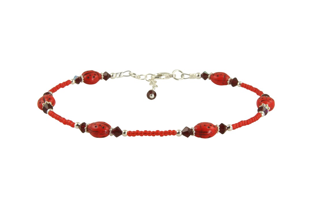 Candy Red Ladybug Beaded Bracelet, Ladybug Anklet, Red Anklet, Custom ...