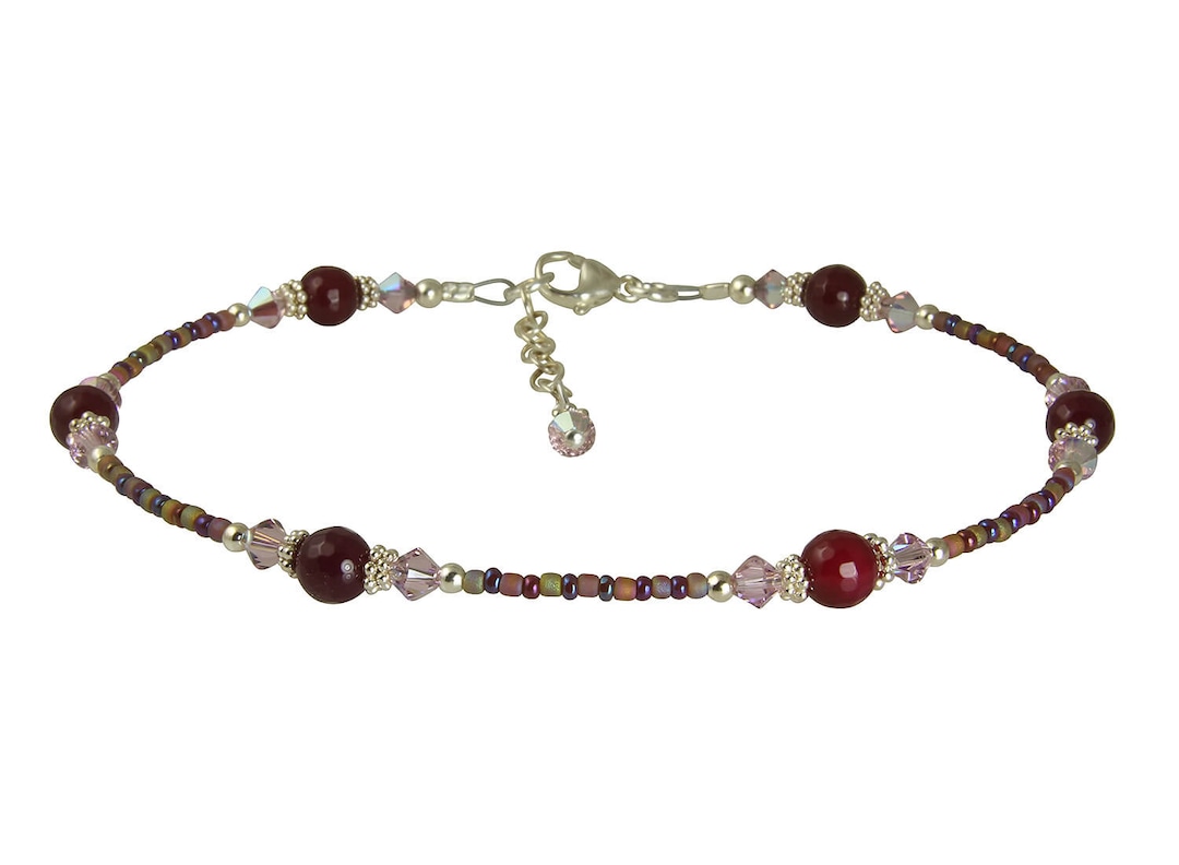Glamour Red Agate Beaded Anklet, Red Anklet, Gemstone Anklet, Sterling ...