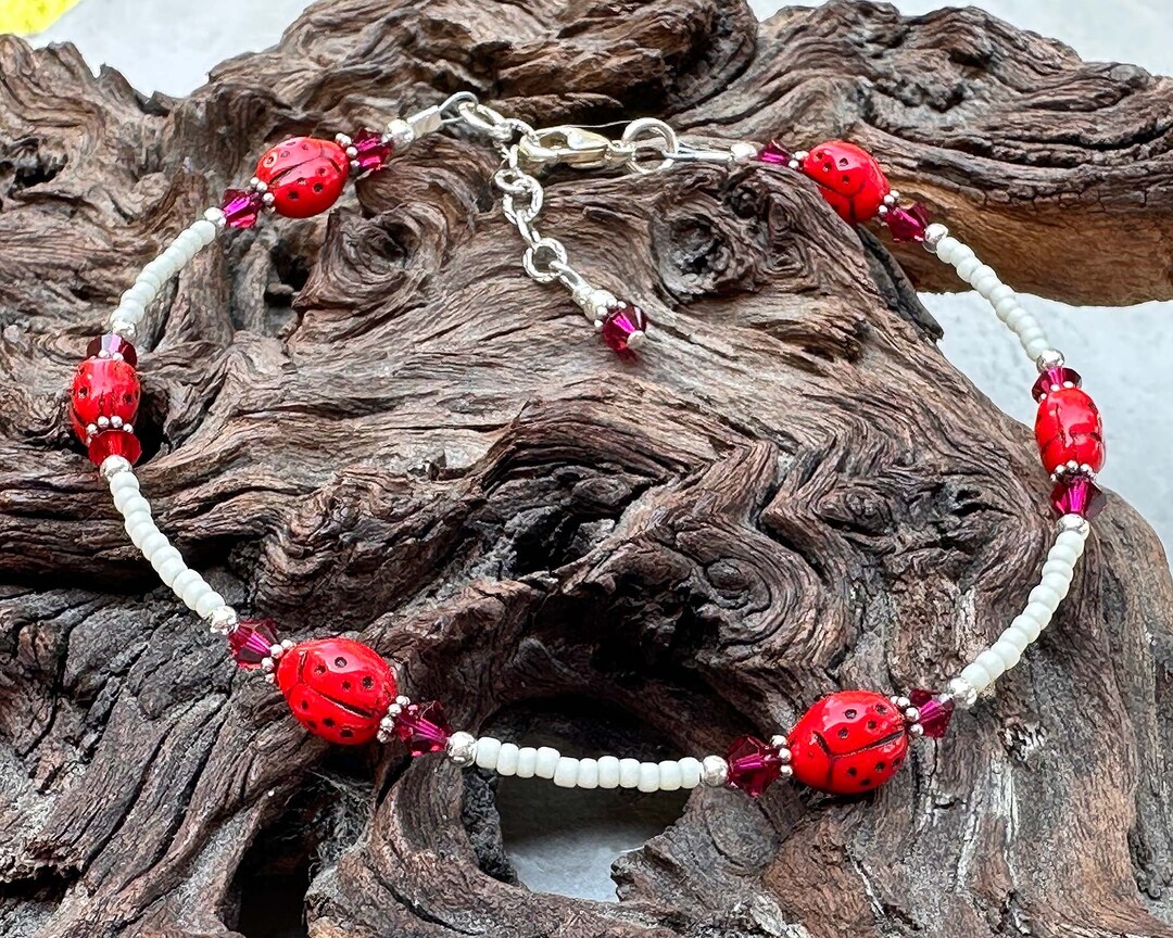 Ruby Crystal Ladybug Beaded Anklet, Ladybug Anklet, Ladybug, Red Anklet ...