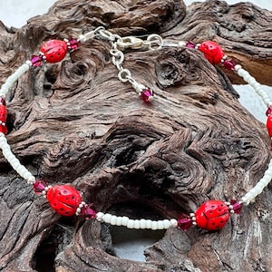 Ruby Crystal Ladybug Beaded Anklet, Ladybug Anklet, Ladybug, Red Anklet ...
