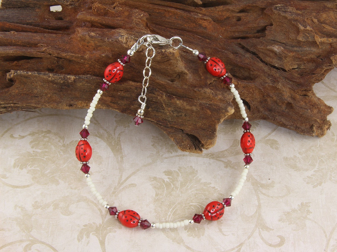 Ruby Crystal Ladybug Beaded Anklet, Ladybug Anklet, Ladybug, Red Anklet ...
