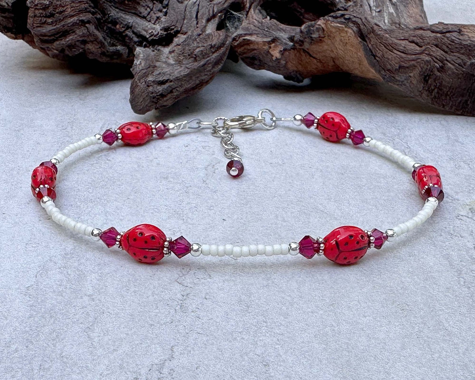 Ruby Crystal Ladybug Beaded Anklet, Ladybug Anklet, Ladybug, Red Anklet ...