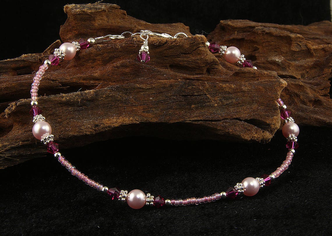Fuchsia Pink Rose Crystal Pearl Anklet Custom Pink Anklet - Etsy