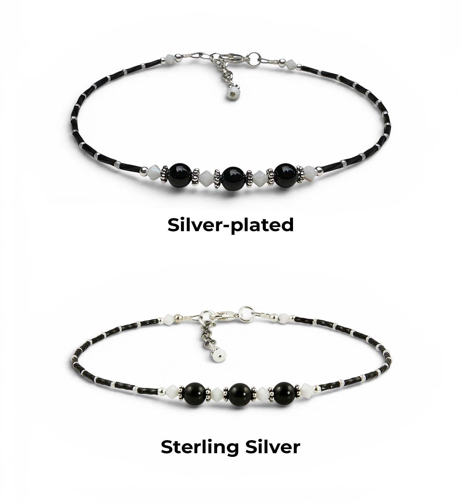 Elegant Black Onyx Anklet, Minimalist Beaded Anklet, Silver Crystal ...