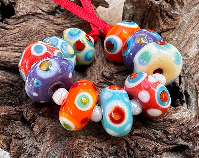 10 Retro Rainbow Dot Lampwork Beads Set SRA, Rainbow Lampwork Beads ...