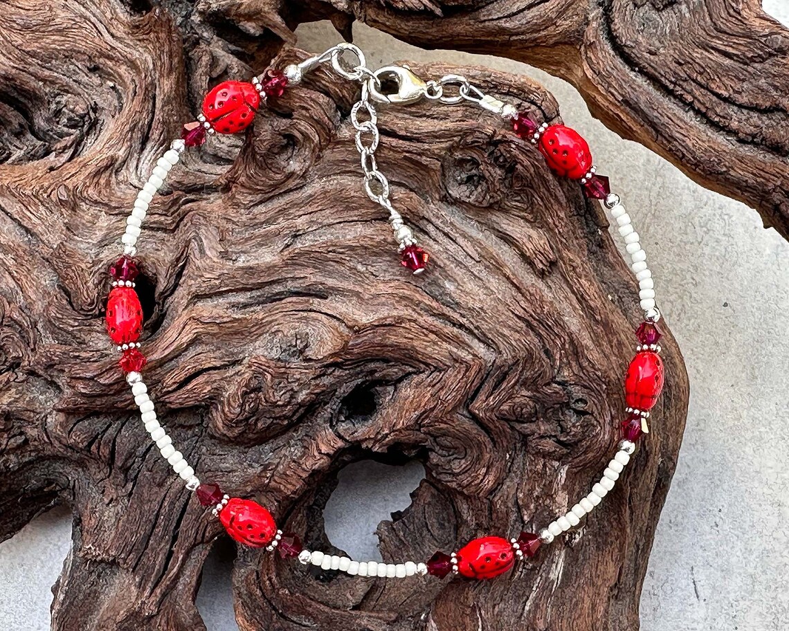 Ruby Crystal Ladybug Beaded Anklet, Ladybug Anklet, Ladybug, Red Anklet ...